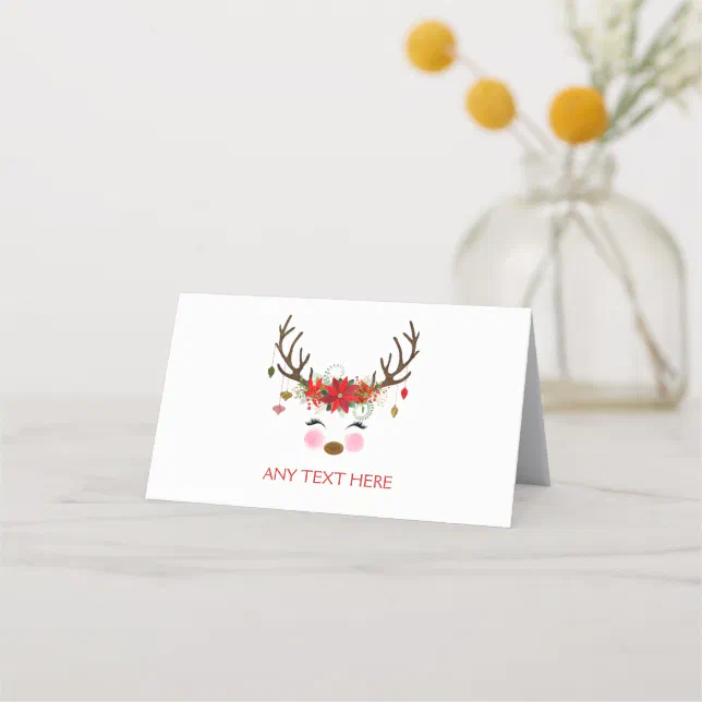 Floral Reindeer Holiday Christmas Party Food Tent Place Card | Zazzle