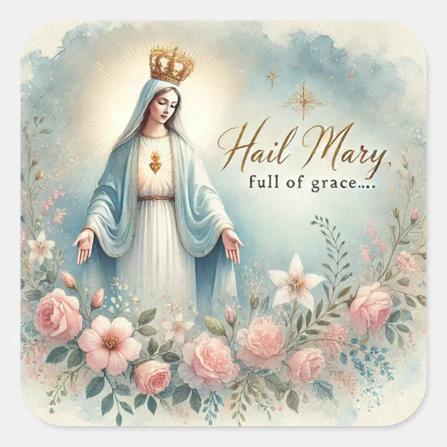 Floral Religious Mother Mary Pink Roses Square Sticker | Zazzle