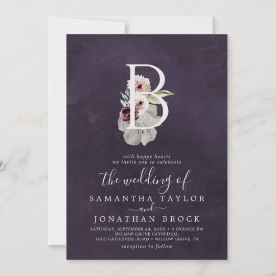 Floral Romance Letter B Monogram | Plum Wedding Invitation | Zazzle.com
