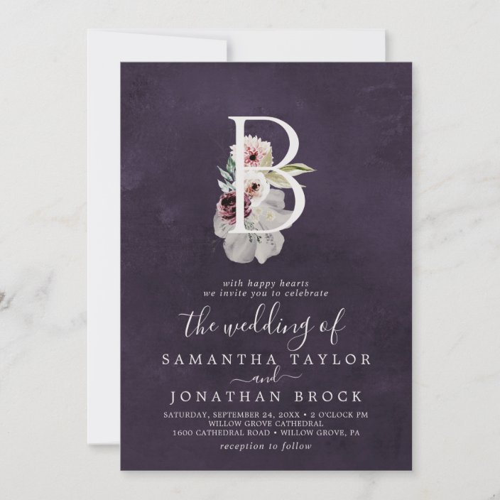Floral Romance Letter B Monogram | Plum Wedding Invitation | Zazzle.com
