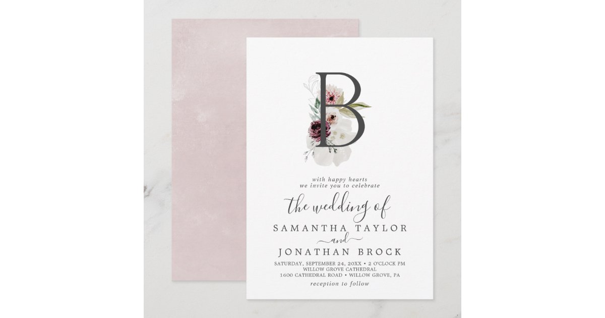 Floral Romance Letter B Monogram Wedding Invitation | Zazzle