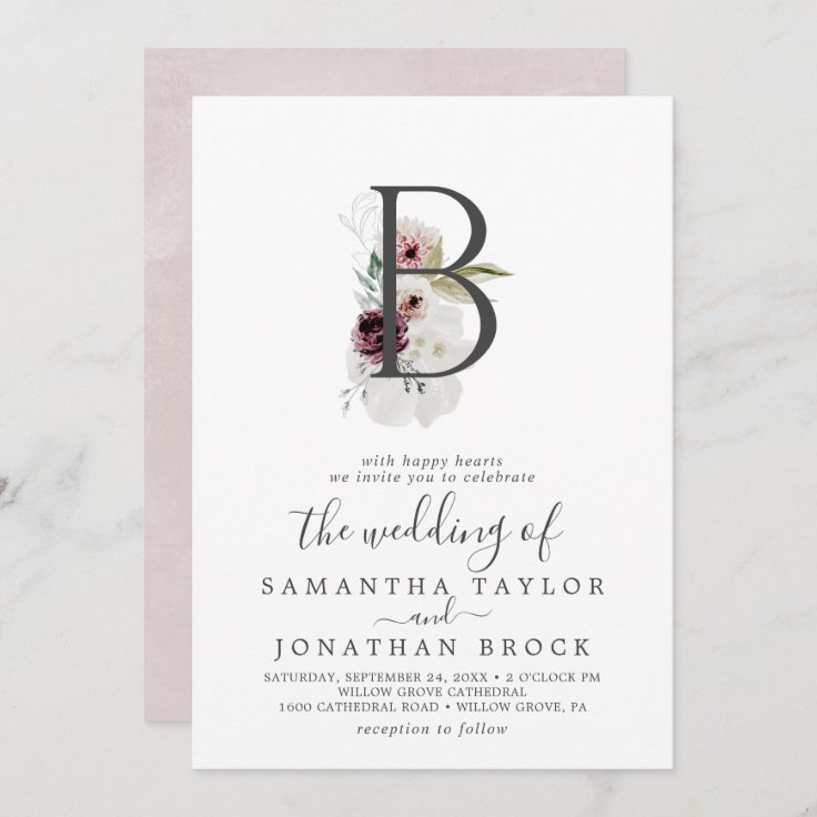 Floral Romance Letter B Monogram Wedding Invitation | Zazzle