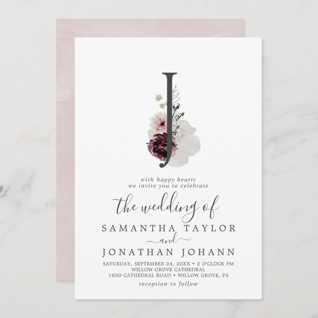 Floral Romance Letter J Monogram Wedding Invitation | Zazzle