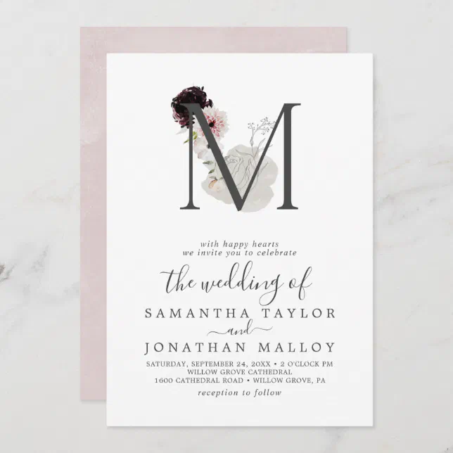 Floral Romance Letter M Monogram Wedding Invitation | Zazzle