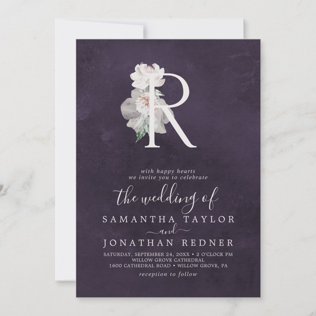 Floral Romance Letter R Monogram | Plum Wedding Invitation | Zazzle