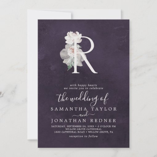 Floral Romance Letter R Monogram | Plum Wedding Invitation | Zazzle
