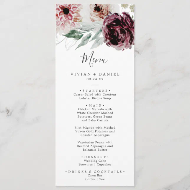 Floral Romance Wedding Dinner Menu | Zazzle