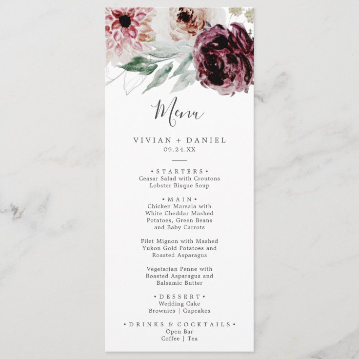 Floral Romance Wedding Dinner Menu | Zazzle