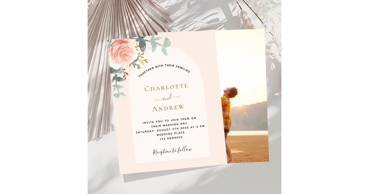 Floral rose gold arch photo wedding invitation | Zazzle