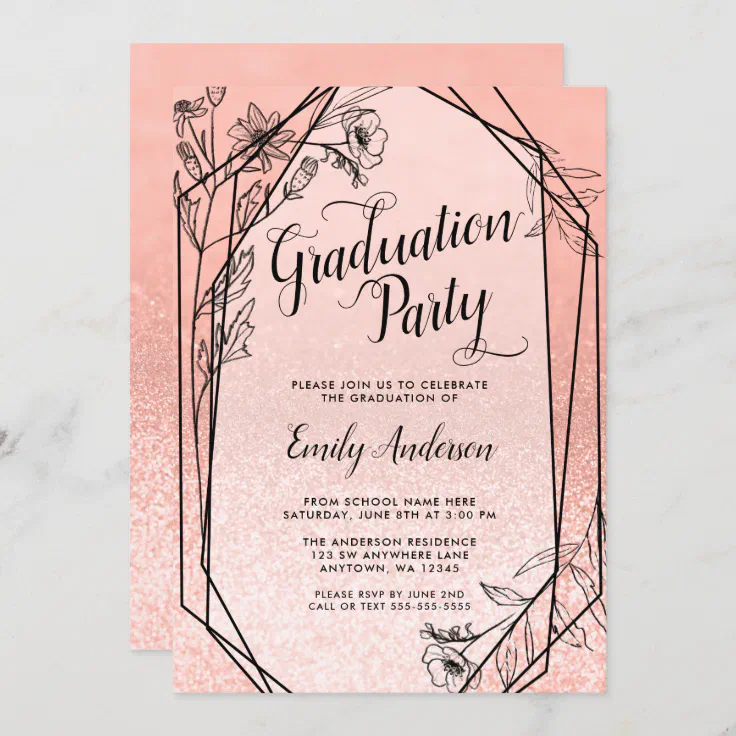 Floral Rose Gold Faux Glitter Graduation Party Invitation | Zazzle