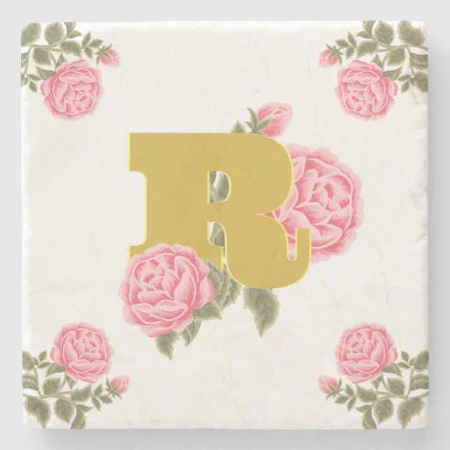 Floral Rose Initial Letter Monogram Name Couple Stone Coaster | Zazzle