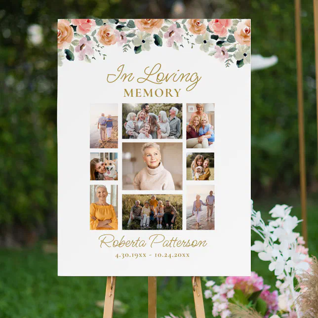 Floral Rose Photo Collage Funeral Memorial Welcome Poster | Zazzle