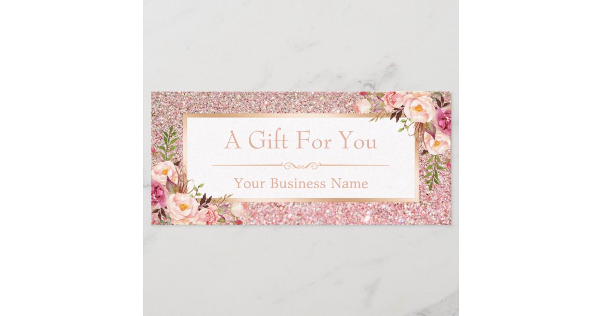 Floral Rose Pink Glitter Gift Certificate Card | Zazzle.com
