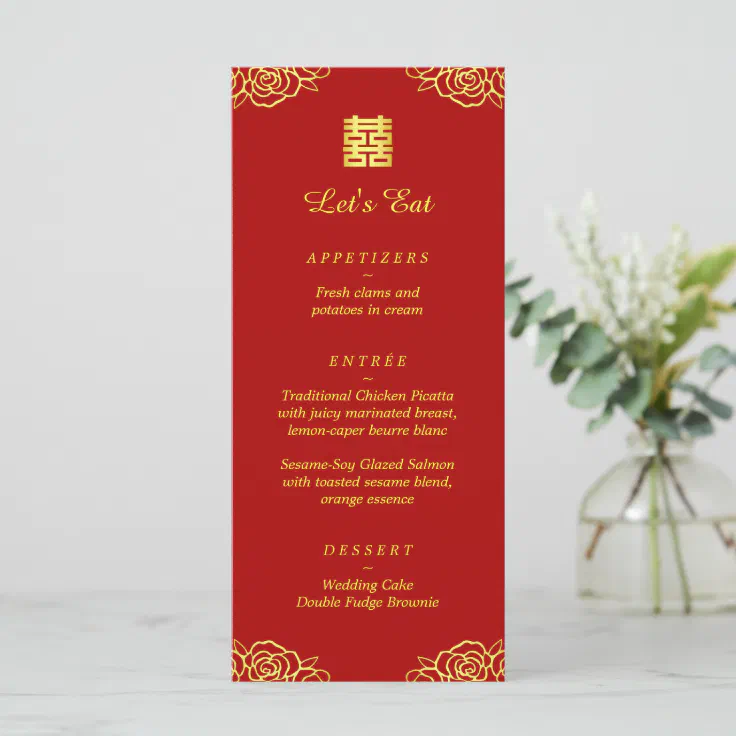 Floral rose red gold Chinese wedding reception Menu | Zazzle