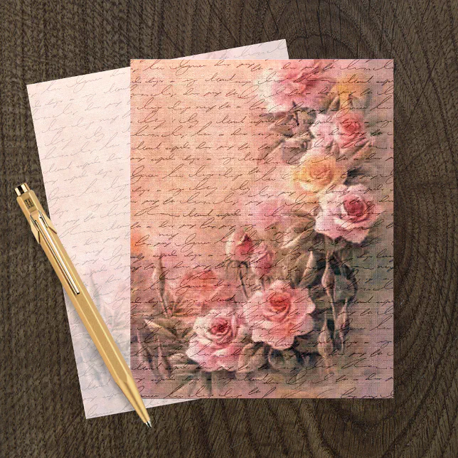 Floral Roses Antique Handwriting Scrapbook Paper | Zazzle
