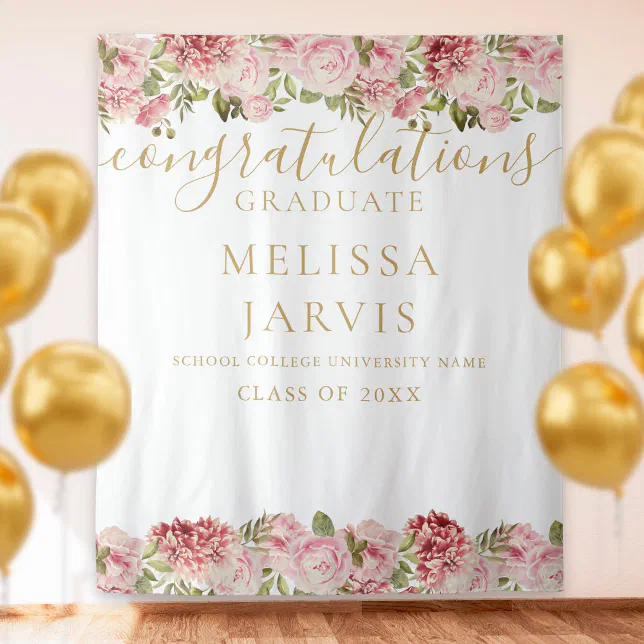 Floral Roses Gold Script Graduation Photo Backdrop | Zazzle