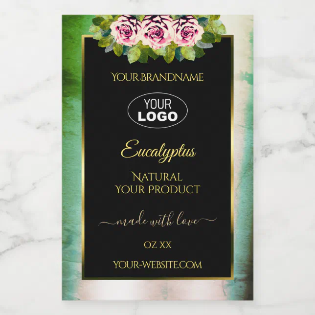 Floral Roses Teal Marble Black Product Labels Logo | Zazzle