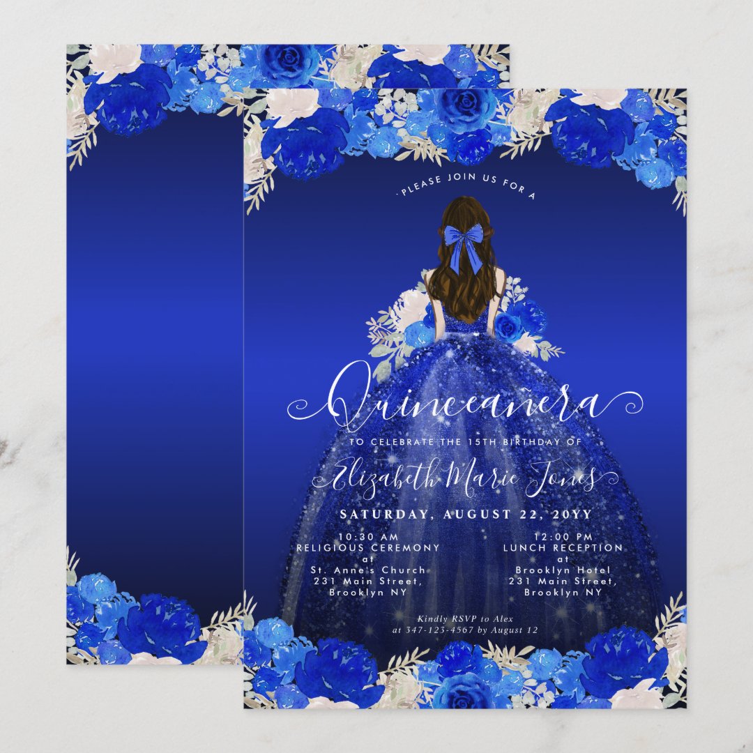 Floral Royal Blue Princess Dress Gown Quinceanera Invitation | Zazzle