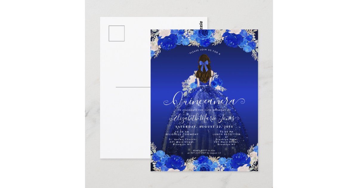 Floral Royal Blue Princess Dress Gown Quinceanera Postcard | Zazzle