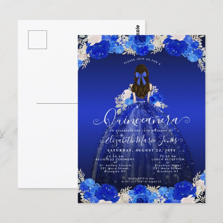 Floral Royal Blue Princess Dress Gown Quinceanera Postcard | Zazzle