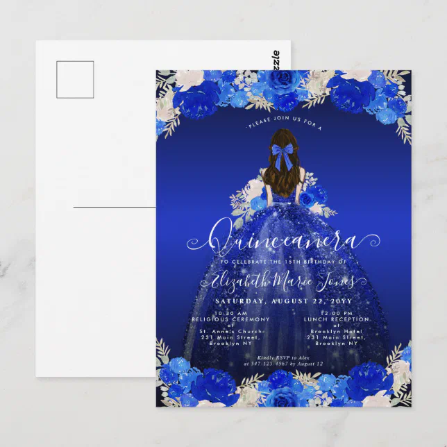 Floral Royal Blue Princess Dress Gown Quinceanera Postcard | Zazzle