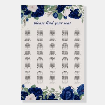 Floral Royal Blue Roses 20 Table Seating Chart Foam Board | Zazzle