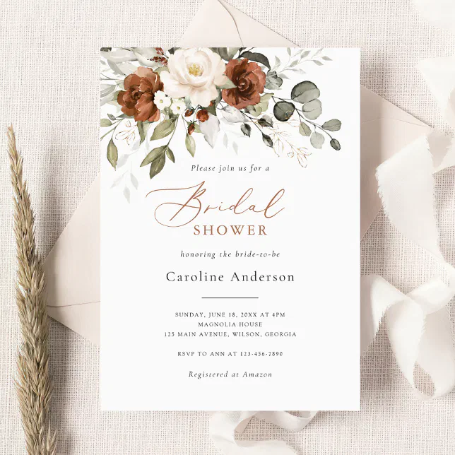 Floral Rust Cream Greenery Bridal Shower Invitation | Zazzle