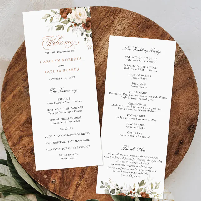 Floral Rust Cream Greenery Fall Wedding Program | Zazzle
