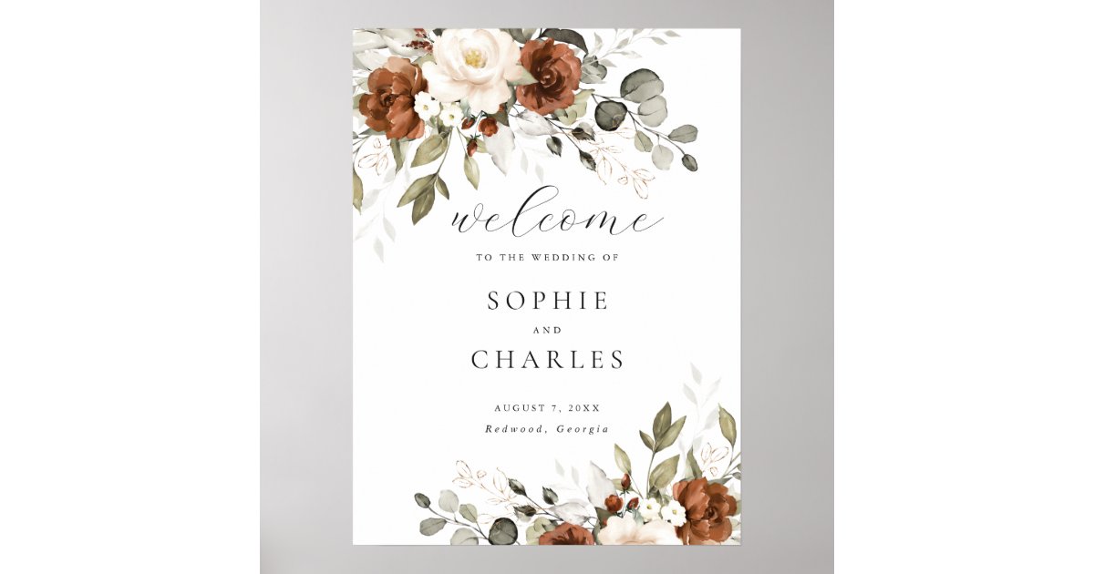 Floral Rust Cream Greenery Wedding Welcome Sign | Zazzle