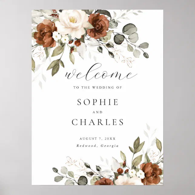 Floral Rust Cream Greenery Wedding Welcome Sign | Zazzle