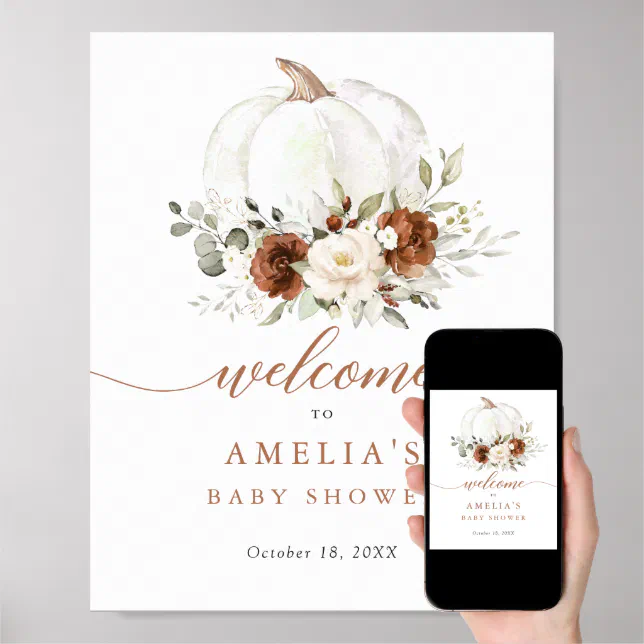Floral Rust Pumpkin Baby Shower Welcome Sign | Zazzle