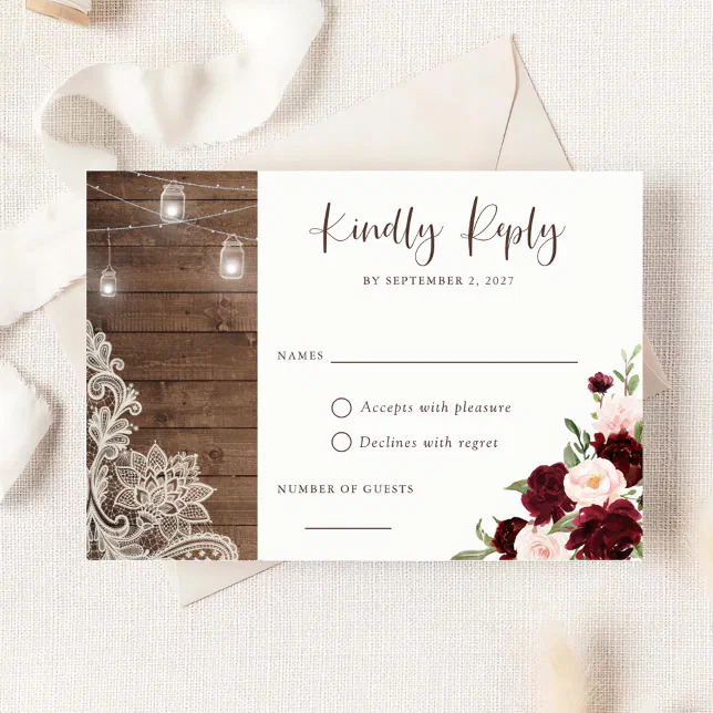 Floral Rustic Burgundy Wood Lace String Lights Invitation | Zazzle