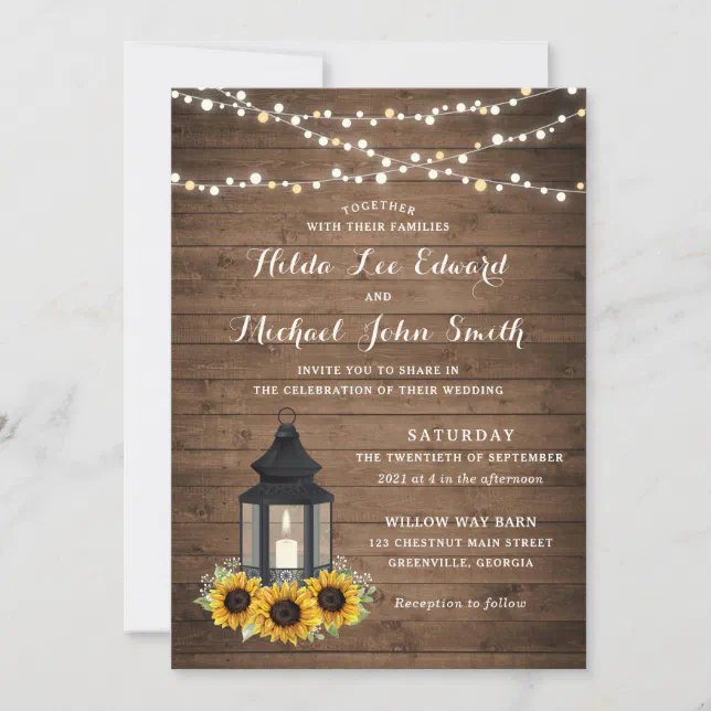 Floral Rustic Sunflower Wood Lantern String Lights Invitation | Zazzle