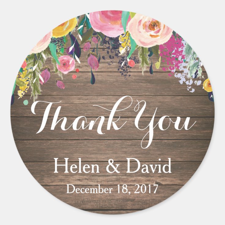 Floral Rustic Thank You Wedding Favour Stickers | Zazzle