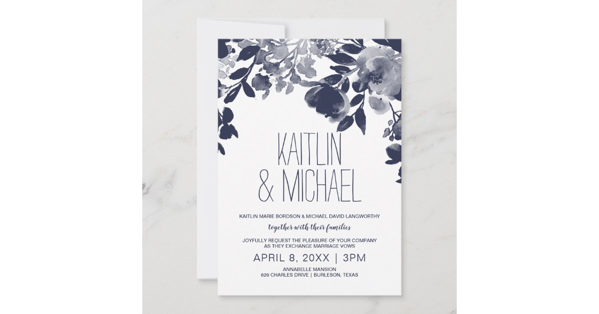 Floral Rustic Wedding Invitation (Navy Blue) | Zazzle