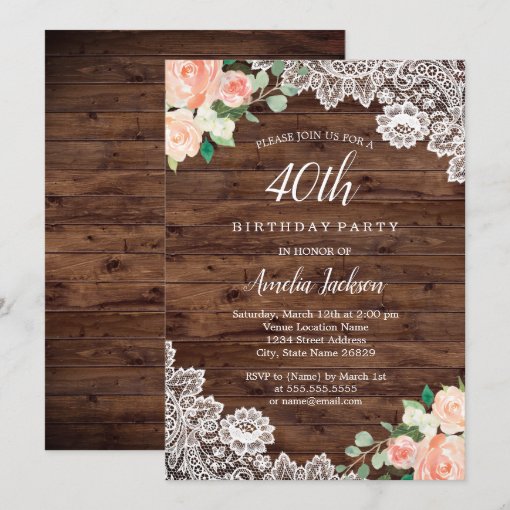 Floral Rustic Wood Lace 40th Birthday Invitation | Zazzle