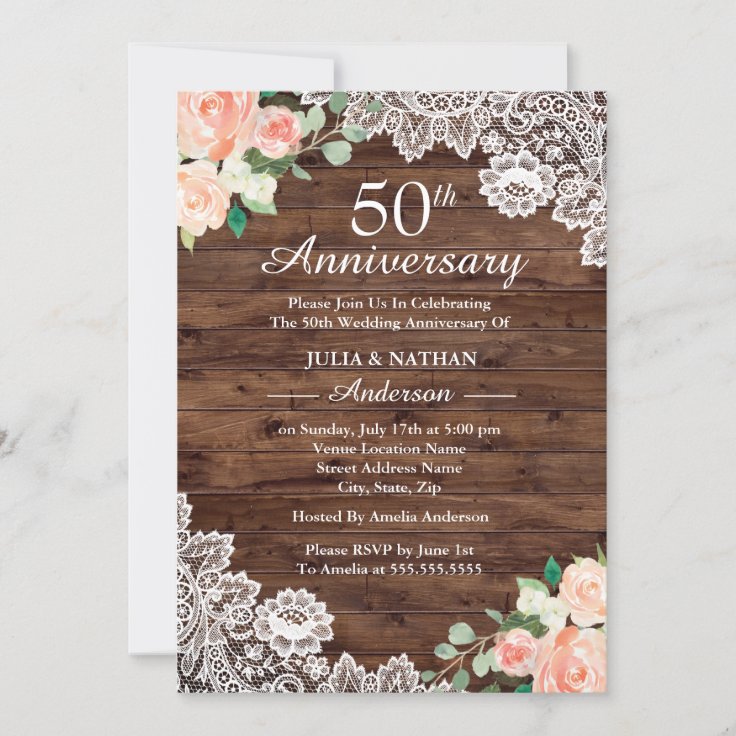 Floral Rustic Wood Lace 50th Wedding Anniversary Invitation | Zazzle