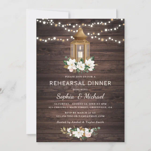 Floral Rustic Wood Lantern Magnolia String Lights Invitation | Zazzle