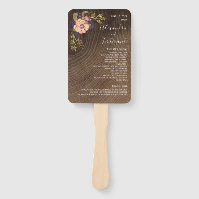 Floral Rustic Wood Wedding Program Hand Fan | Zazzle