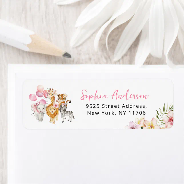 Floral safari animals baby shower return address label | Zazzle