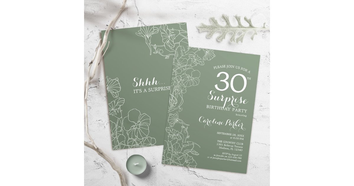 Floral Sage Green Surprise 30th Birthday Party Invitation | Zazzle