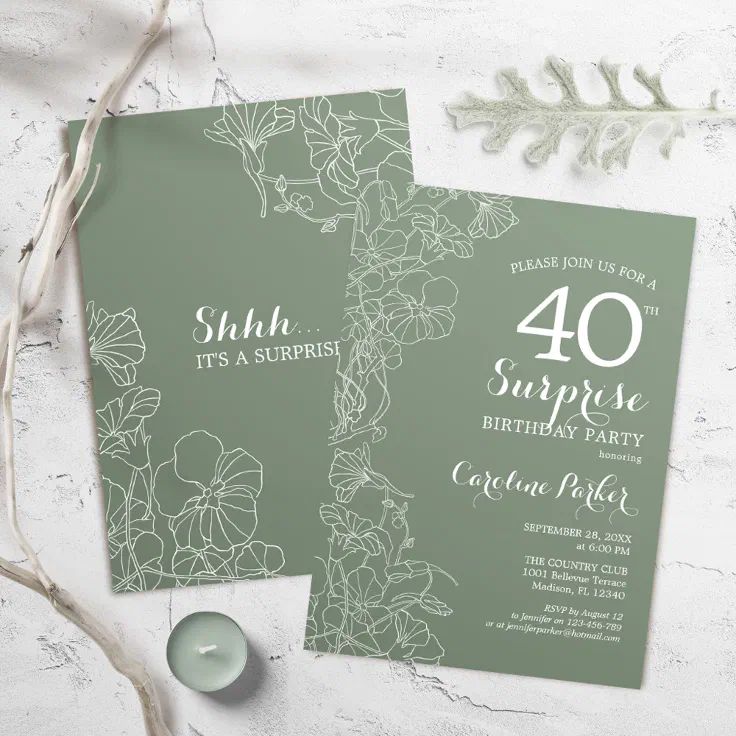 Floral Sage Green Surprise 40th Birthday Party Invitation | Zazzle