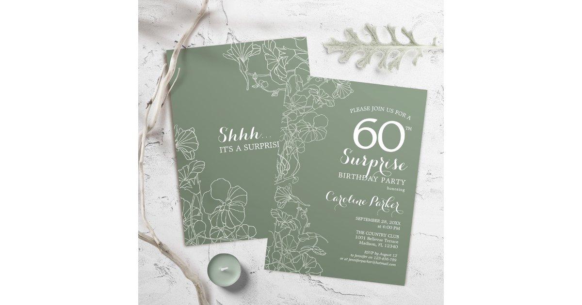 Floral Sage Green Surprise 60th Birthday Party Invitation | Zazzle