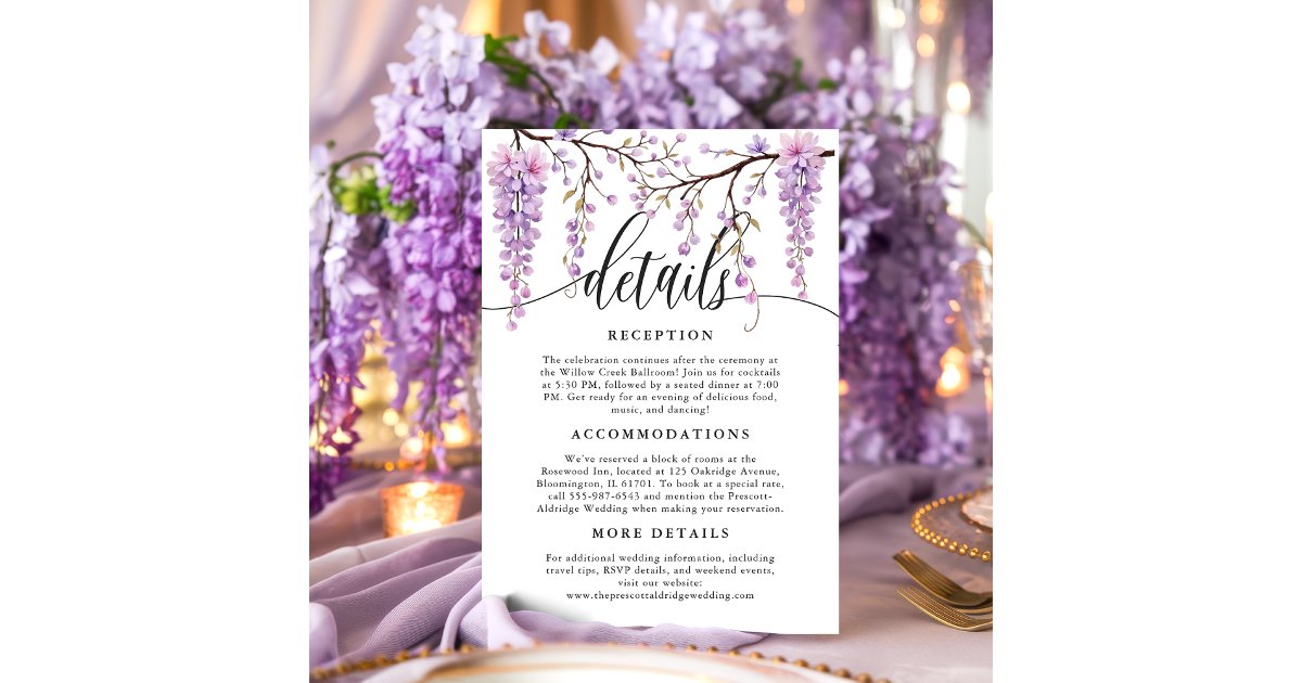 Floral Script Purple Wisteria Calligraphy Details Enclosure Card | Zazzle