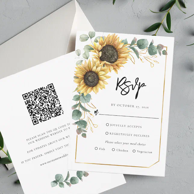 Floral Script Sunflower QR Code Wedding RSVP Card | Zazzle