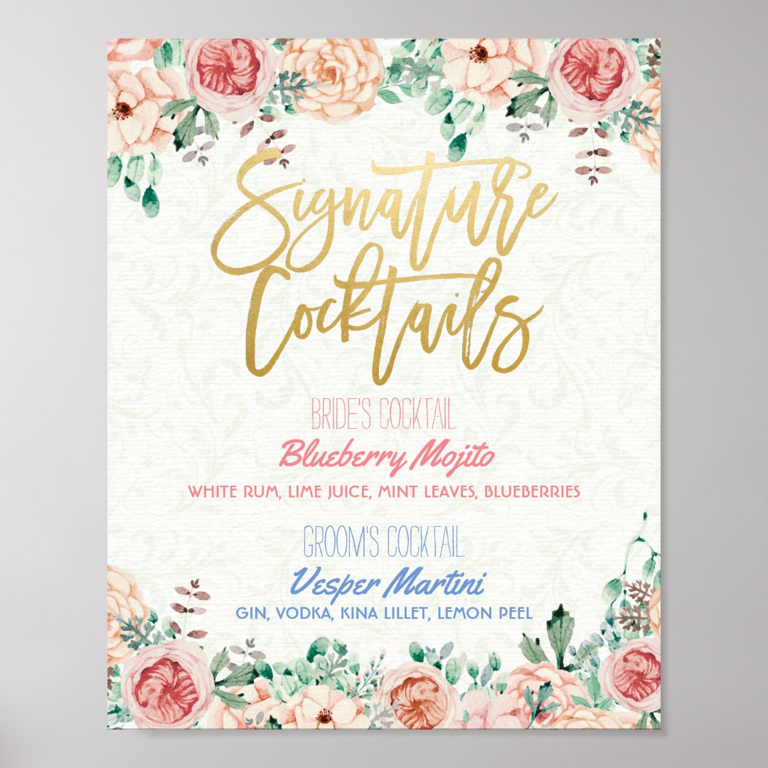 Floral Signature Cocktail Drink Menu Wedding Decor | Zazzle