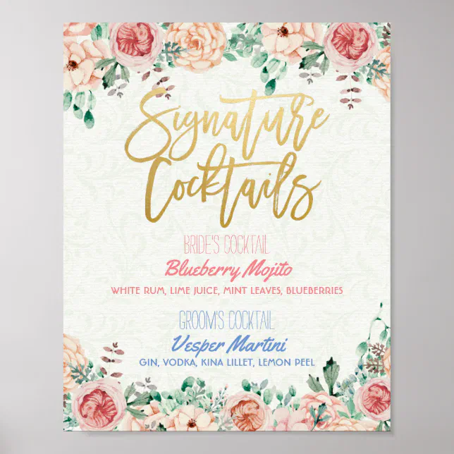Floral Signature Cocktail Drink Menu Wedding Decor | Zazzle