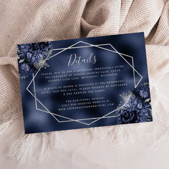 Floral Silver Geometric Navy Blue Wedding Details Enclosure Card | Zazzle