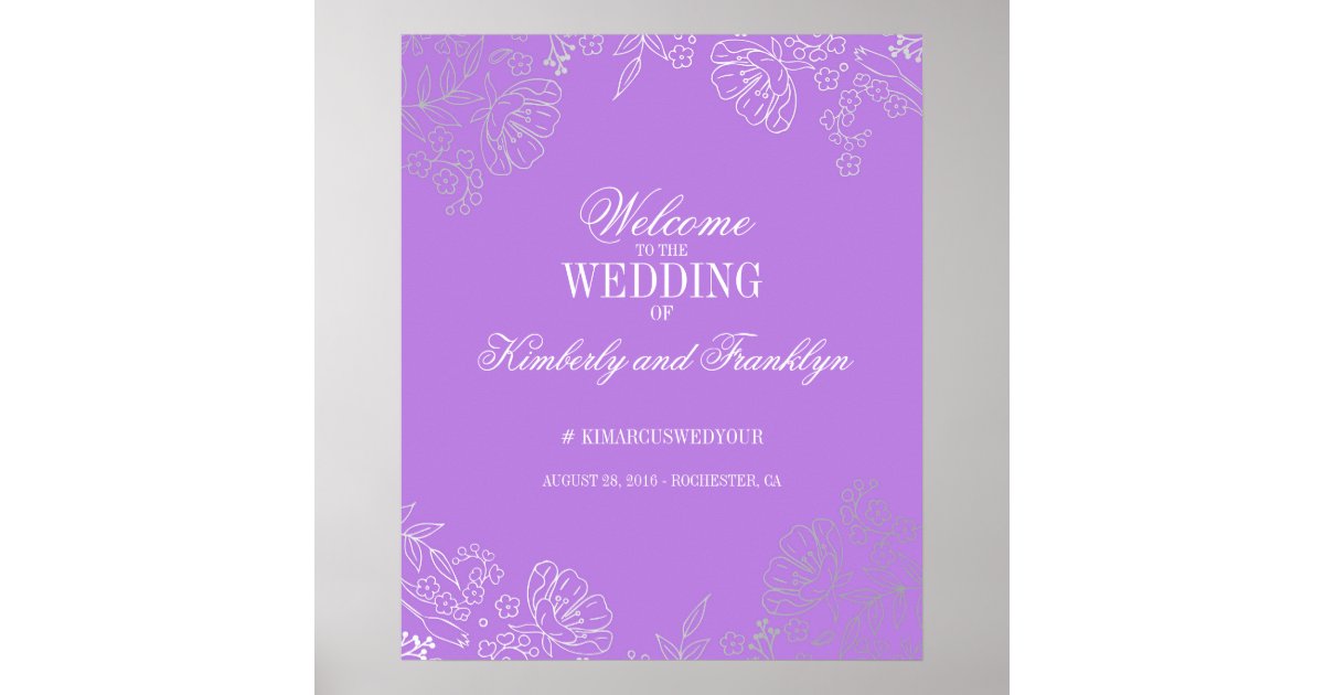 Floral Silver Purple Vintage Wedding Welcome Sign | Zazzle