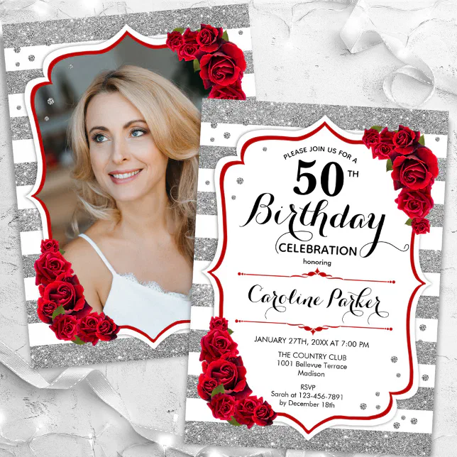 Floral Silver White Red Roses Photo 50th Birthday Invitation | Zazzle